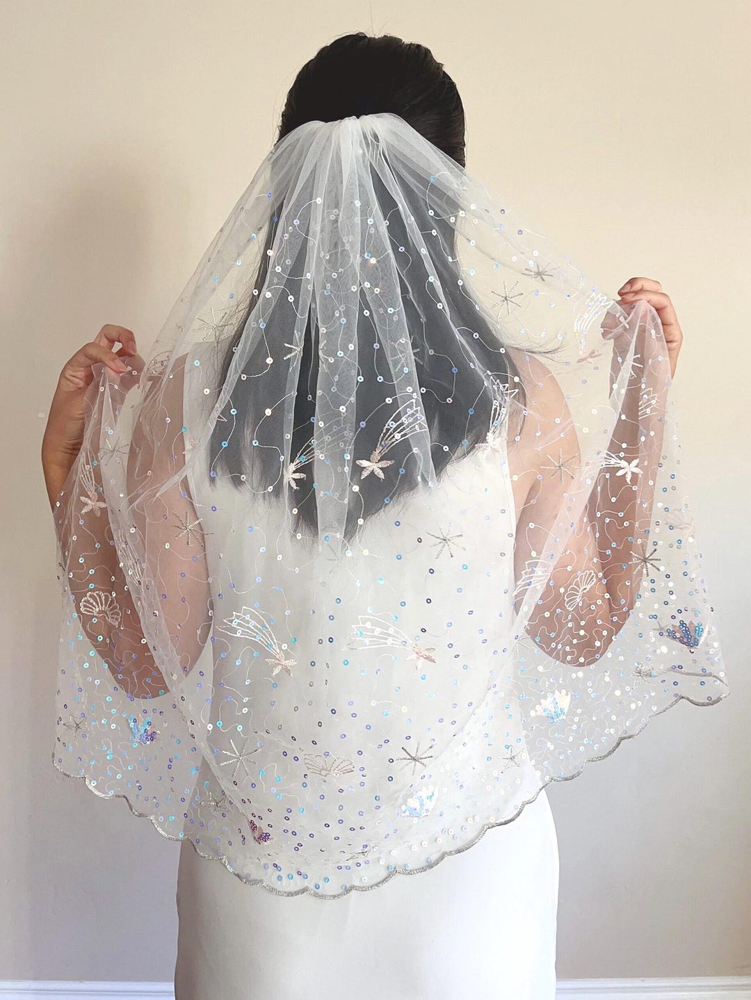 Beach Wedding Veil Sea Shell Veil With Starfish Wedding Sequins Veil ...