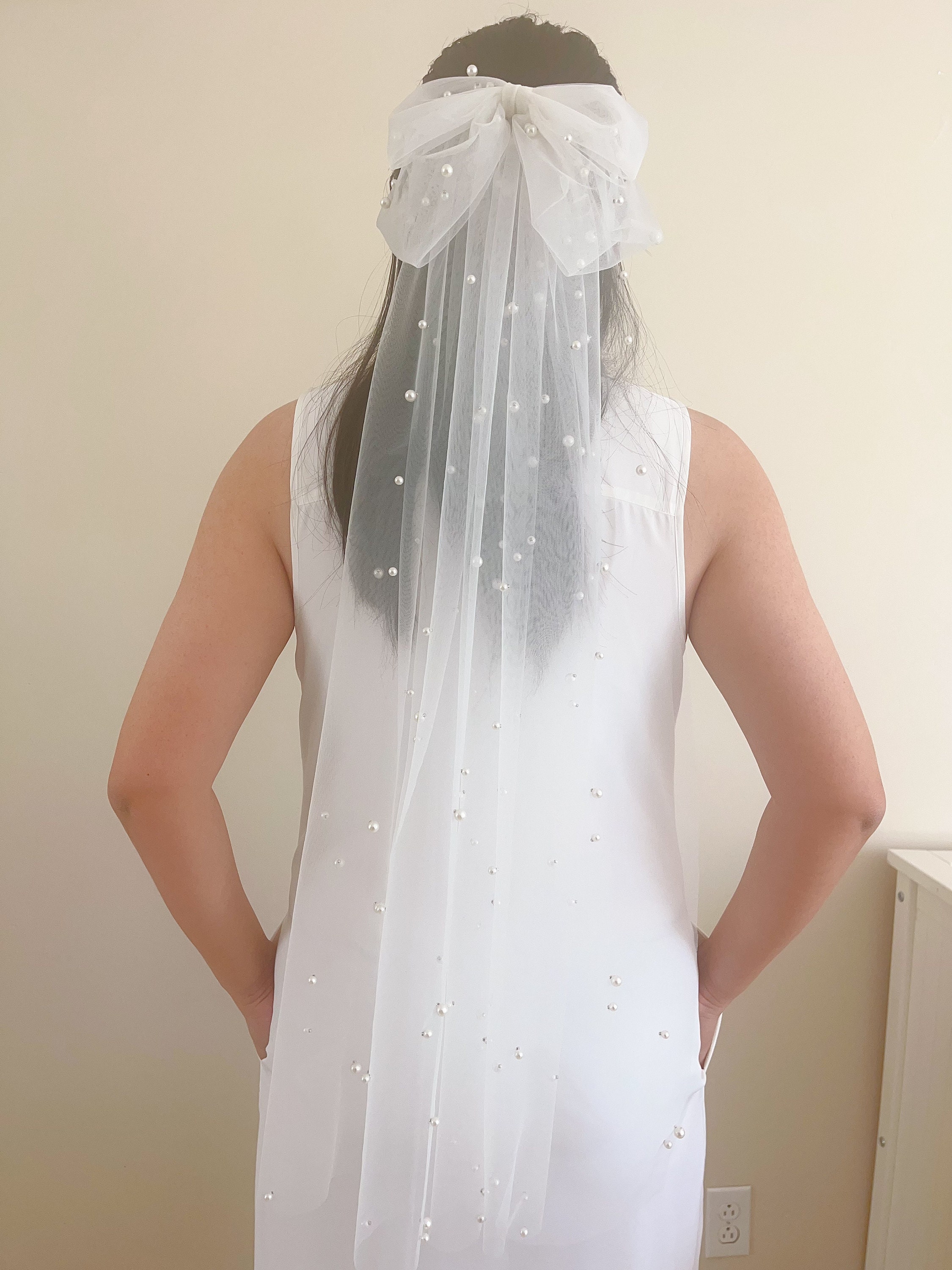 Bridal Bow Veil Pearl Veil Wedding Veil Tulle Pearl Bride Hair Bow ...