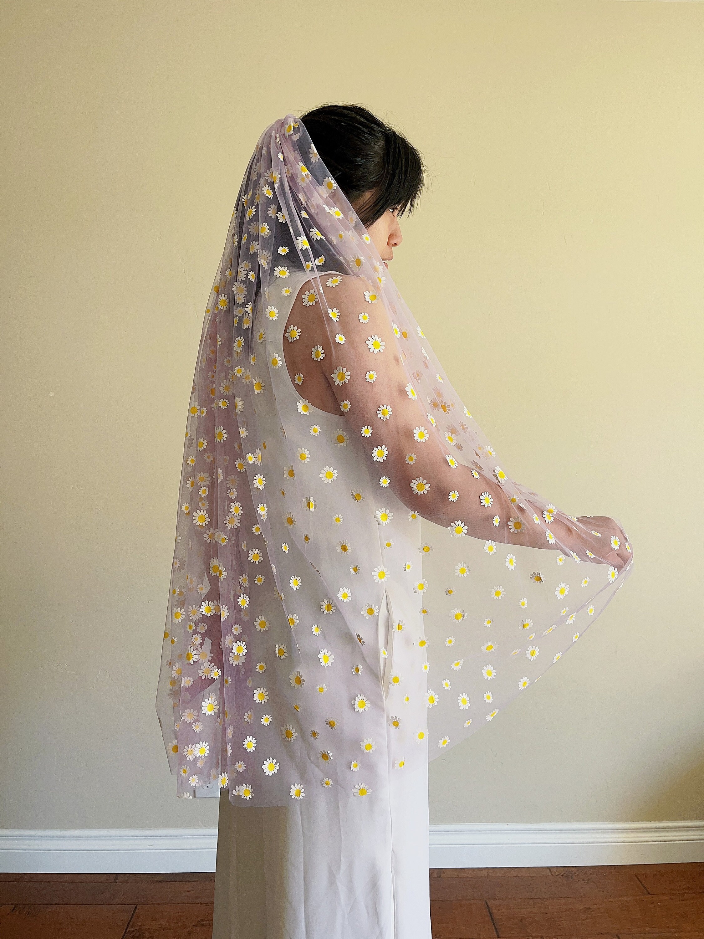 SUNFLOWER & DAISY Bridal Veil Purple Wedding Veil Floral Bridal Veil ...