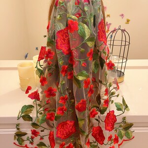 Embroidered Red Orange Rose Wedding Veil, Floral Garden Bridal Veil ...
