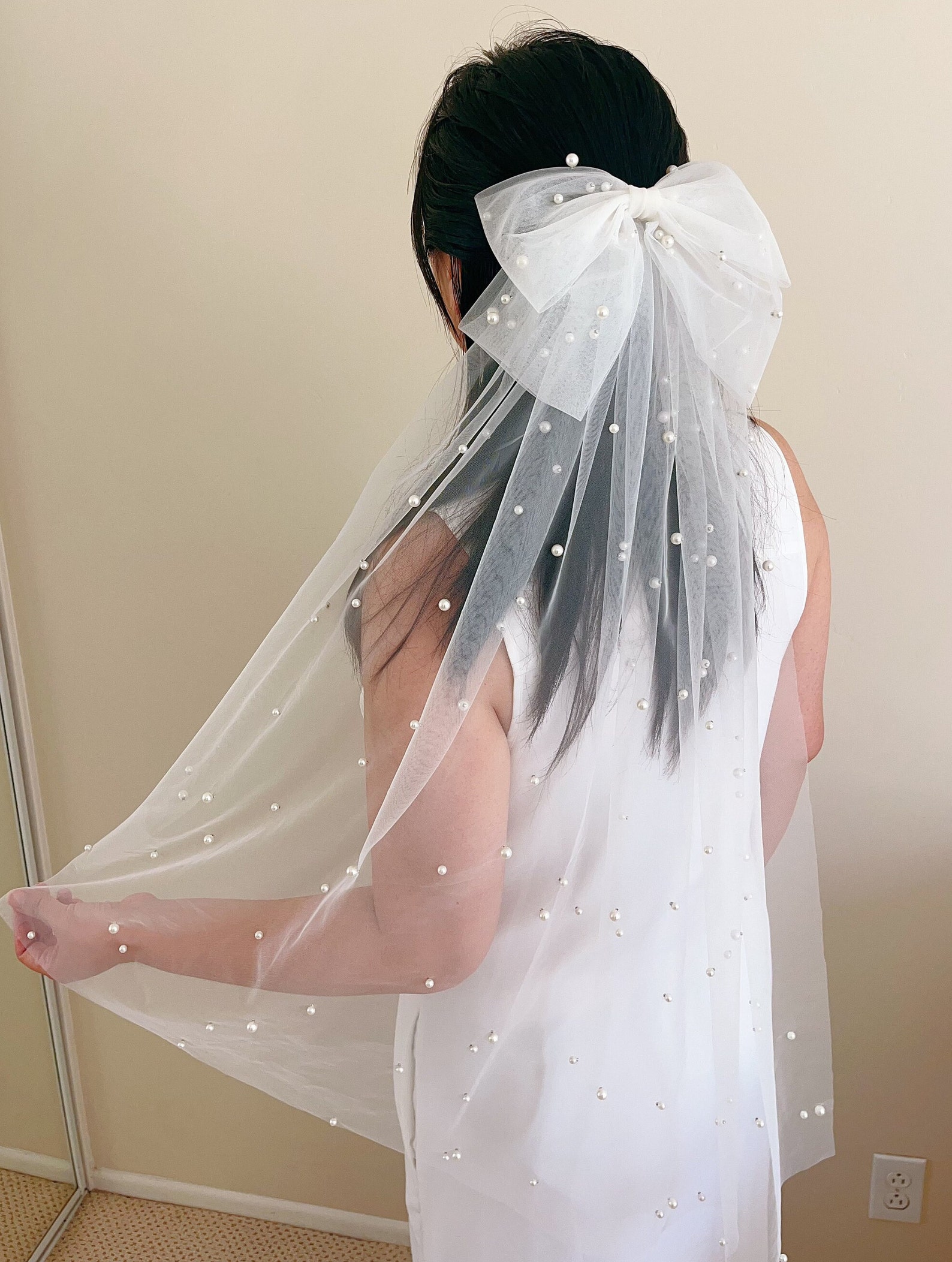 Bridal Bow Veil Pearl Veil Wedding Veil Tulle Pearl Bride Hair Bow ...