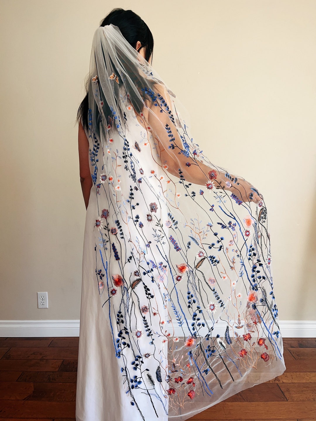 Wildflower Veil, Blue Leaf Embroidered Flower Veil Floral Wedding Veil ...