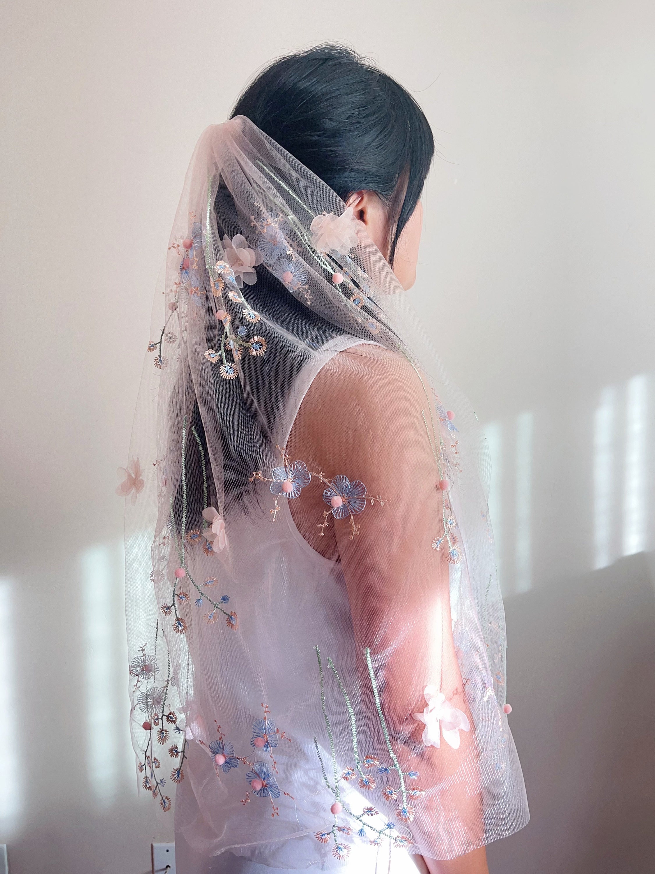 Flower Pop Veil Unique Pink Blue Flower Veil Embroidered 3d Flower Veil ...