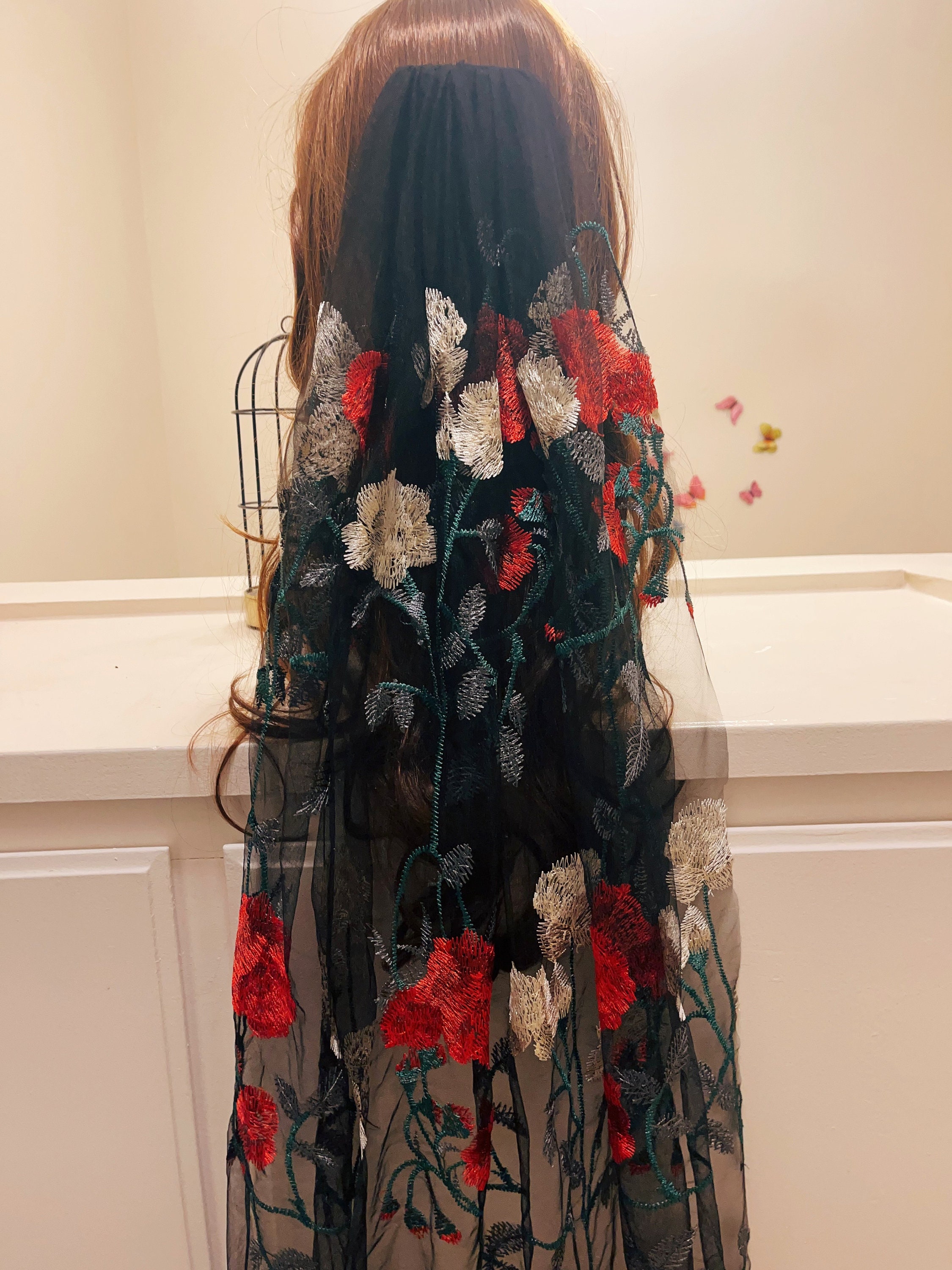 Rose Flower Veil Embroidered Flower Veil Floral Black Gothic Wedding ...