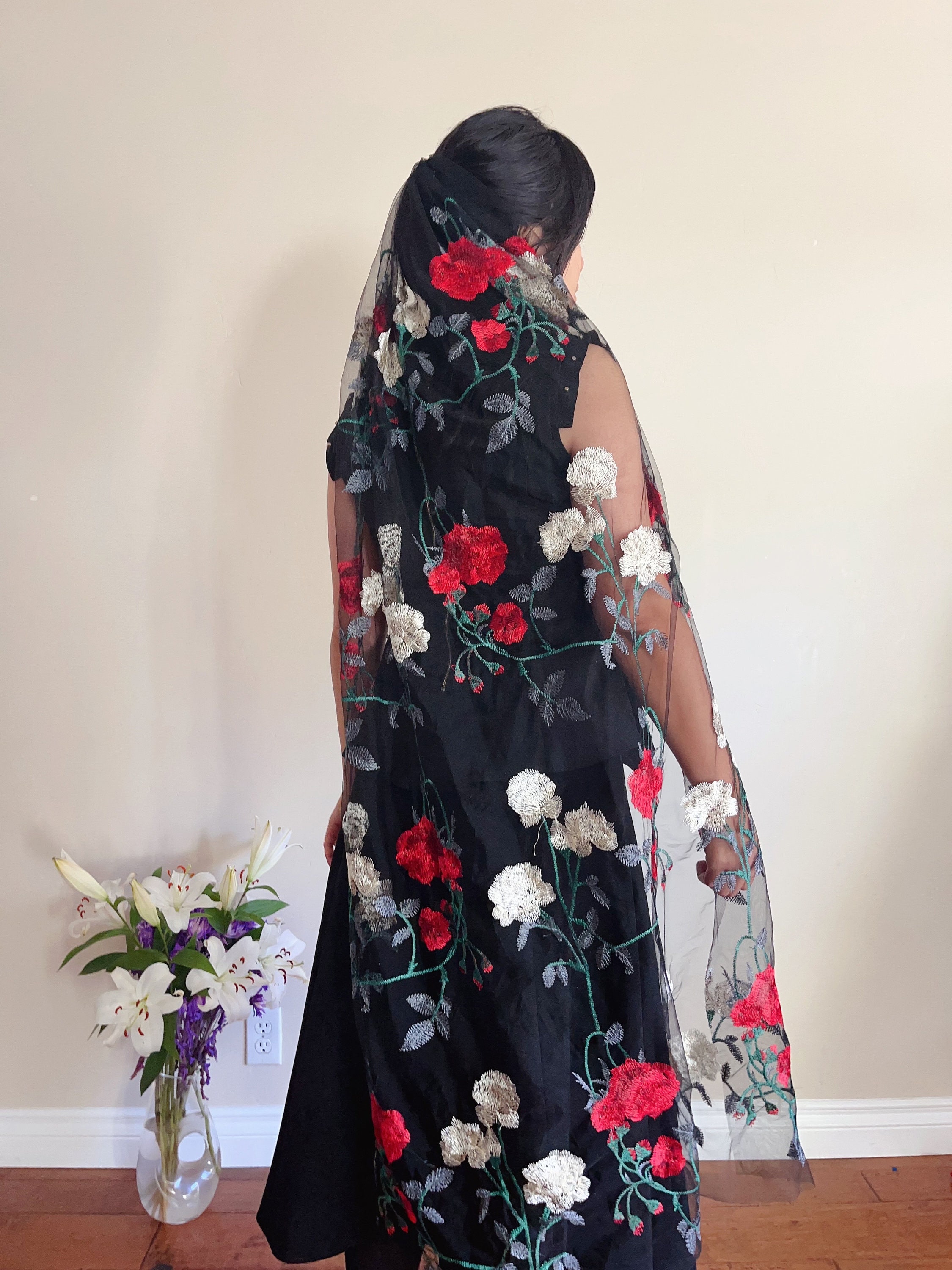 Rose Flower Veil Embroidered Flower Veil Floral Black Gothic Wedding ...