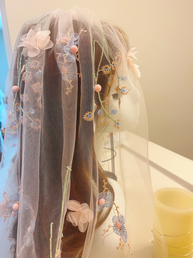 Flower Pop Veil Unique Pink Blue Flower Veil Embroidered 3d Flower Veil ...