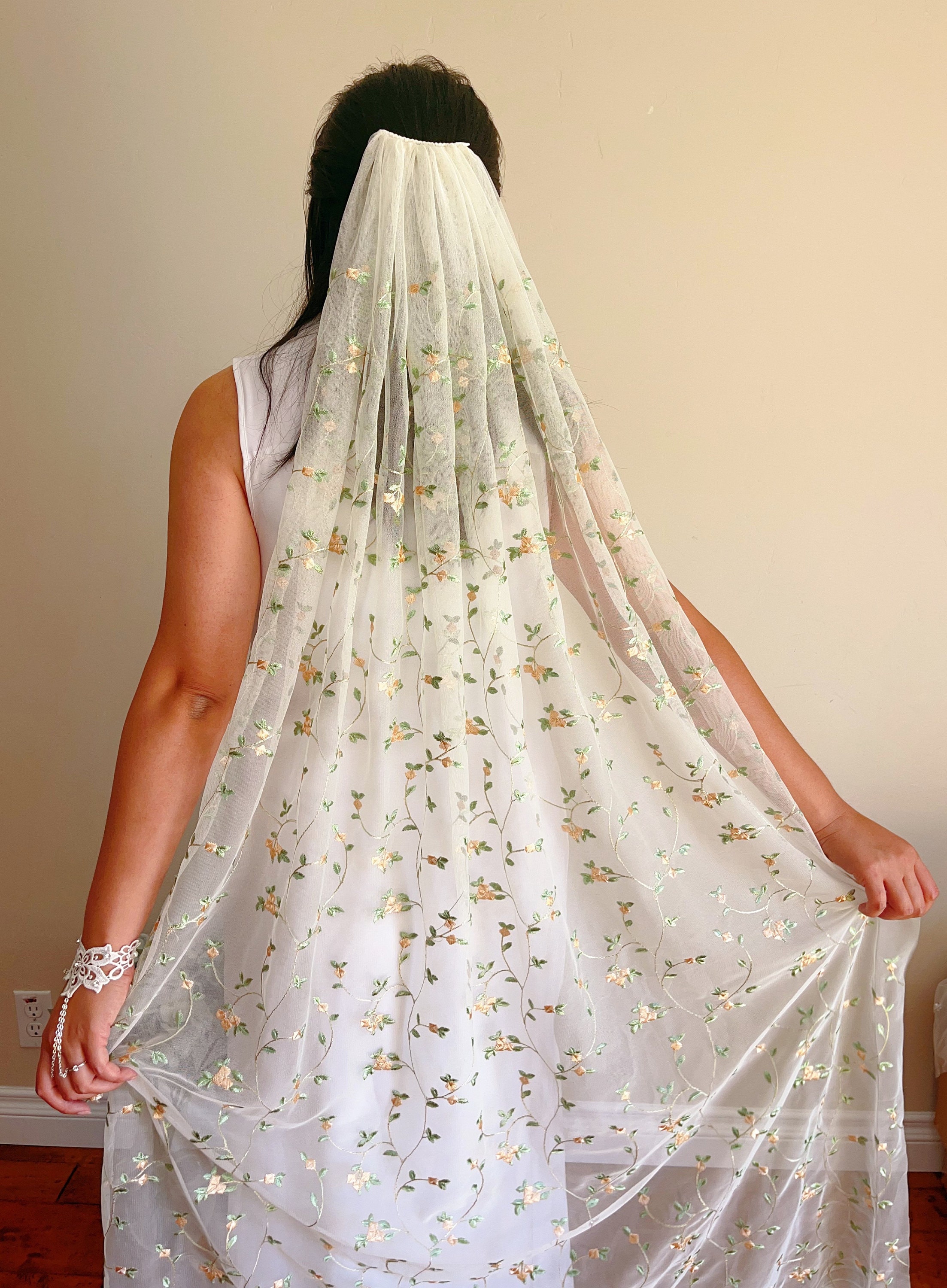 Wildflower Beige Veil Longer Styleembroidered 3d Color - Etsy