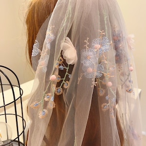 Flower Pop Veil Unique Pink Blue Flower Veil Embroidered 3d Flower Veil ...