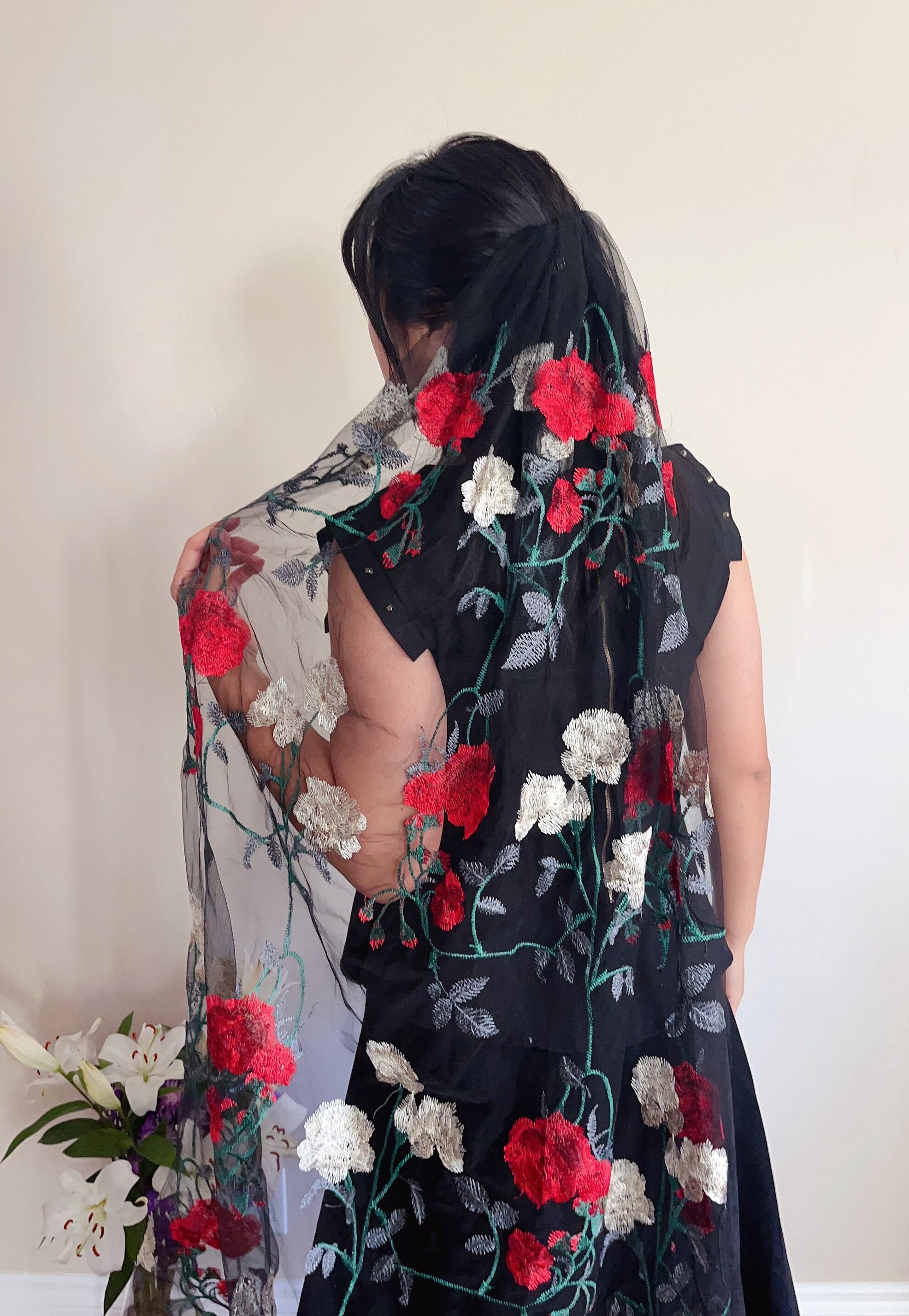 Rose Flower Veil Embroidered Flower Veil Floral Black Gothic Wedding ...