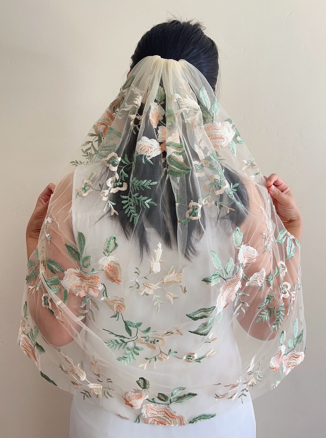 Rose Flower Veil, Pink Rose Floral Wedding Veil Embroidered Blush ...