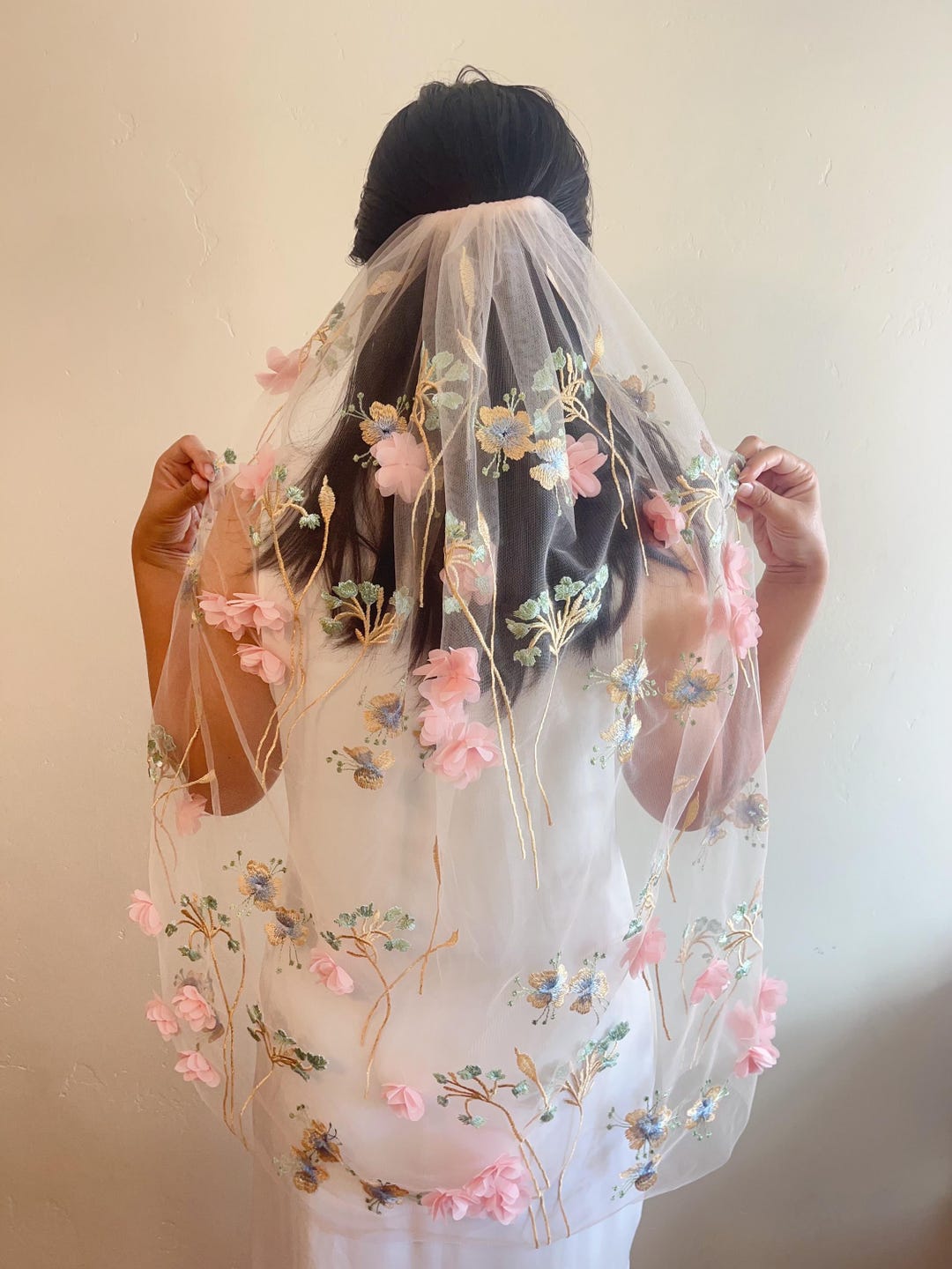 Flower Veil Unique Pink Blue Flower Veil Embroidered 3d Flower Veil ...