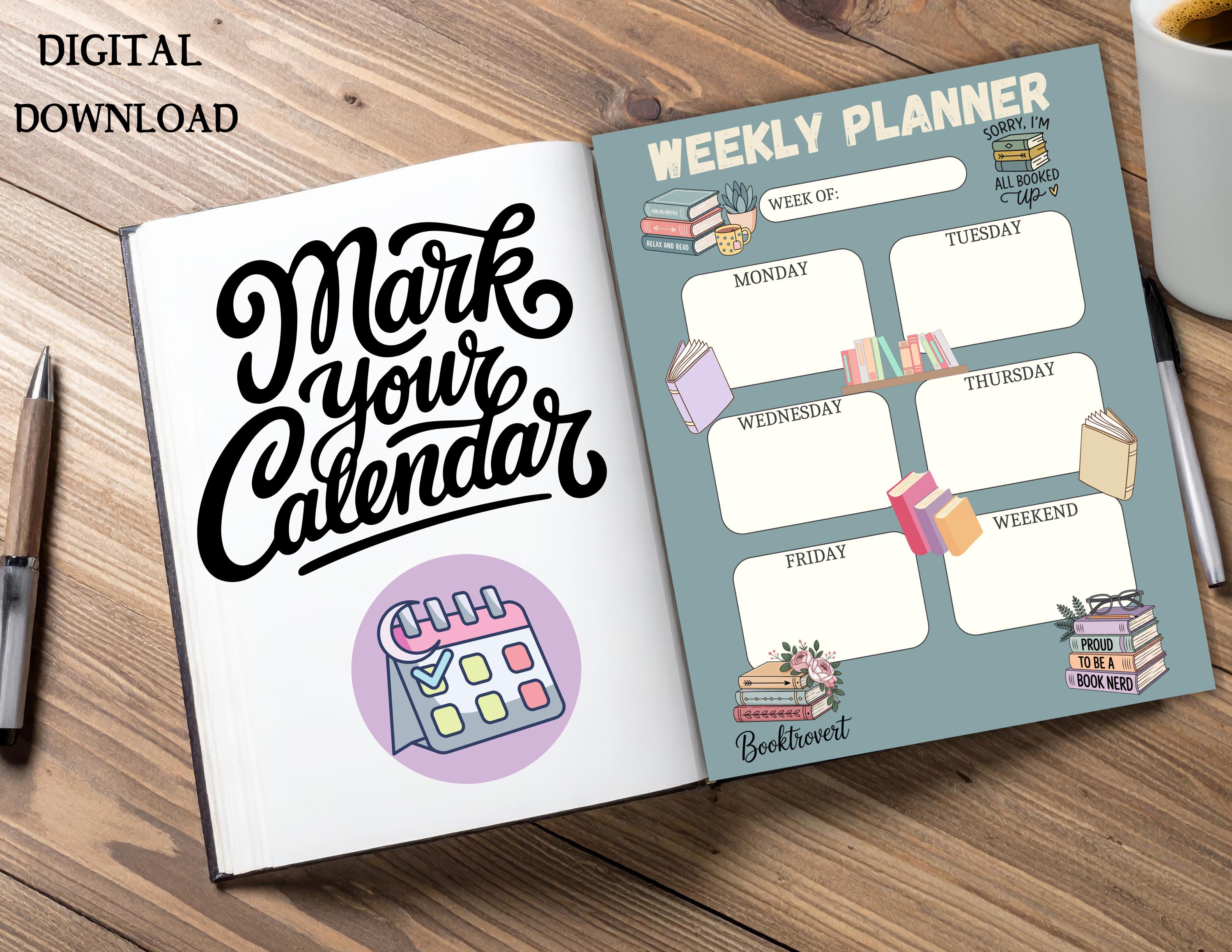 Printable Weekly Calendar - Book Lover - Etsy