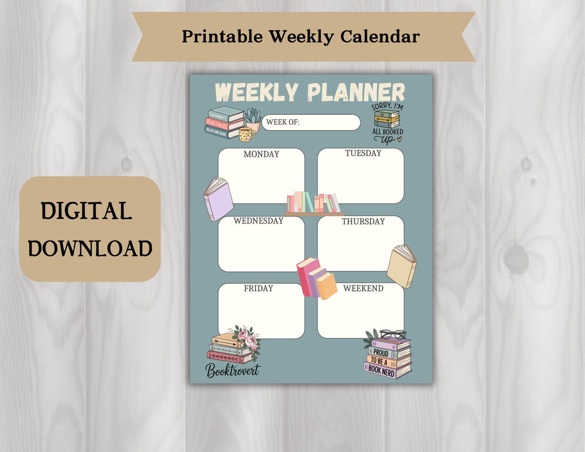 Printable Weekly Calendar - Book Lover - Etsy