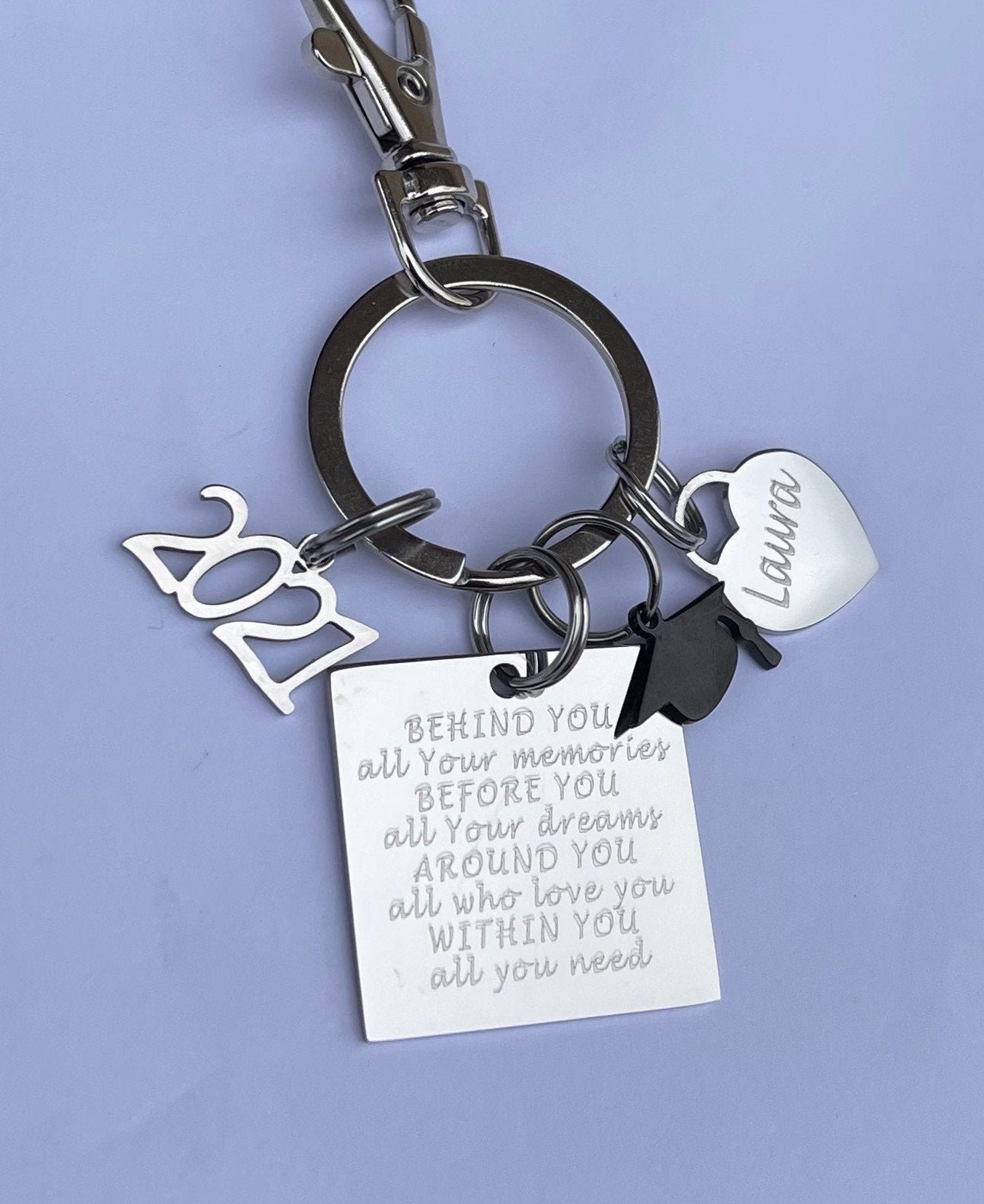 Personalized Graduation Keychain: Engraved Name, Year & Cap Charms - Etsy
