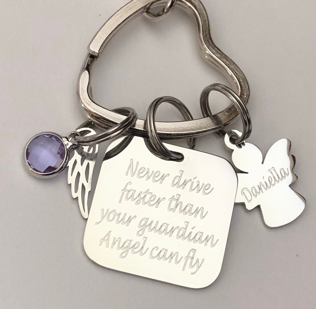 Personalized Angel Keychain: Engraved Charm, Birthstone, New Driver ...