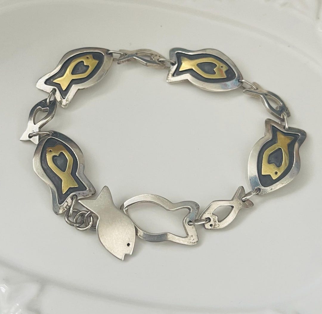 Sterling Silver With Brass Vintage Fish Bracelet- Measures 7”-signed ...