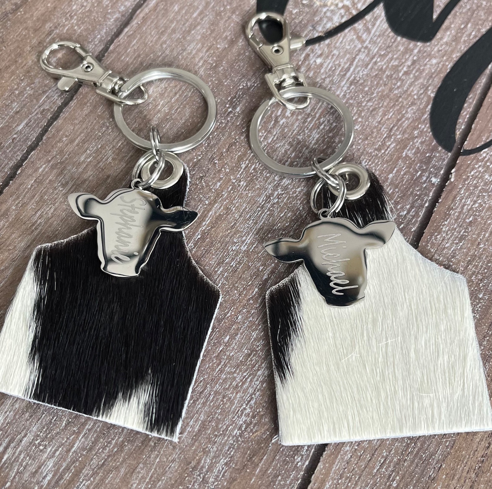 Authentic Leather Black and White Hair on Ear Tag Keychain - Etsy