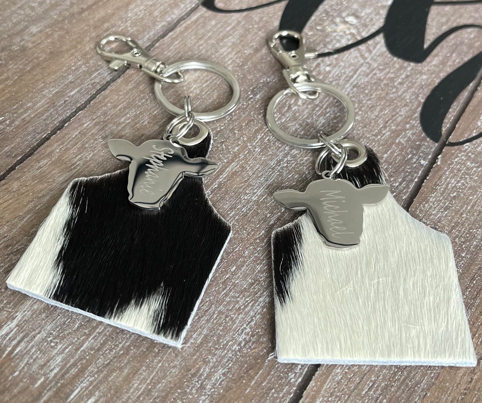 Authentic Leather Black and White Hair on Ear Tag Keychain - Etsy