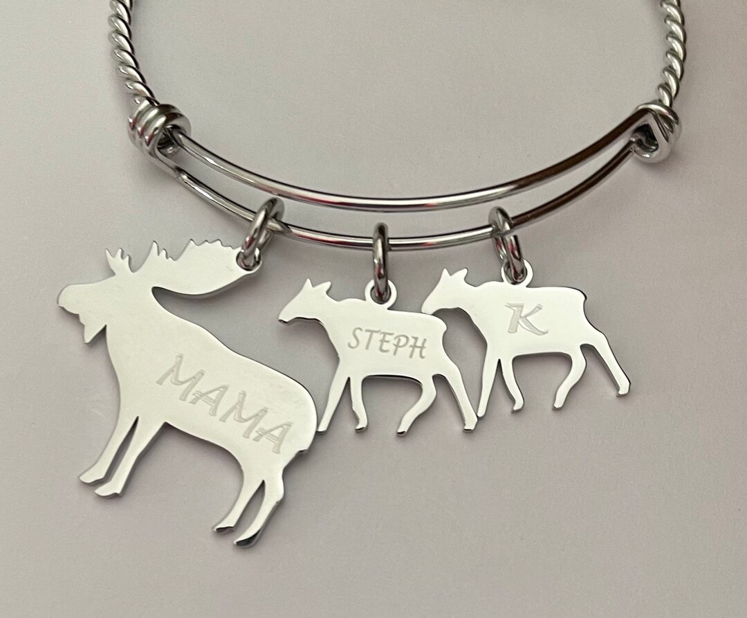 Personalized Mama Moose Bracelet: Engraved Stainless Steel Charm Bangle ...