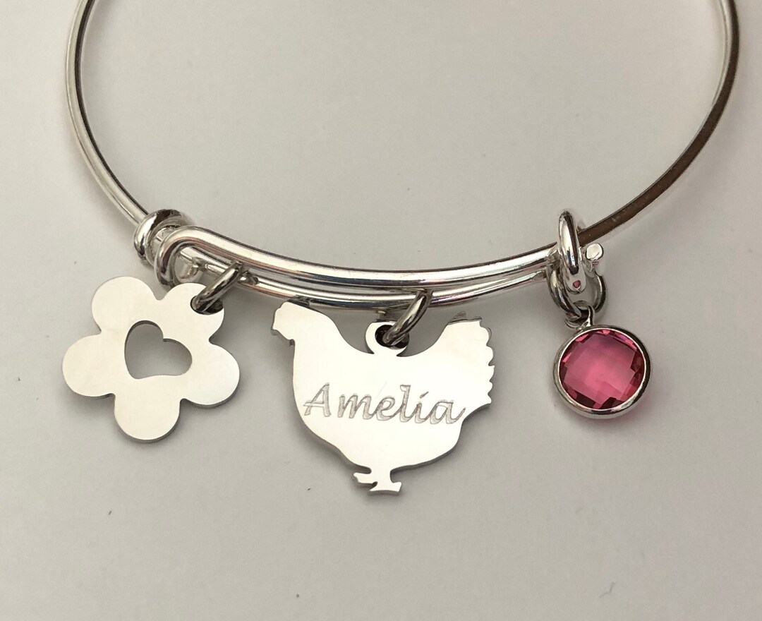 Chicken Bracelet With Name Engraved, Flower Charm and Birthstone ...