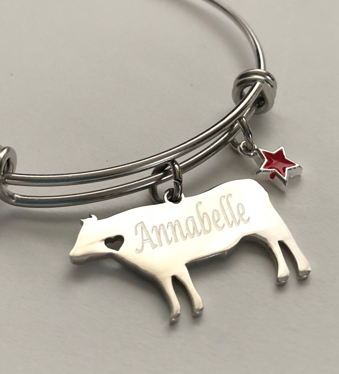 Personalized Cow Bracelet: Engraved Cattle Charm, Adjustable Bangle - Etsy