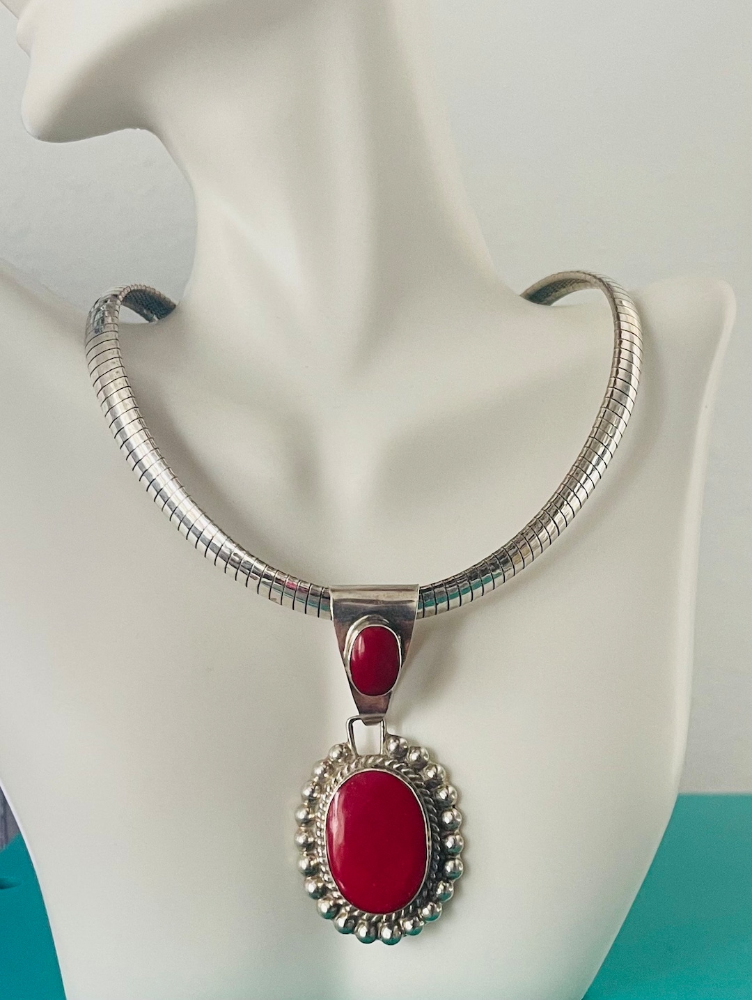 Vintage Sterling Silver Omega Necklace: Mexican Red Stone Pendant - Etsy