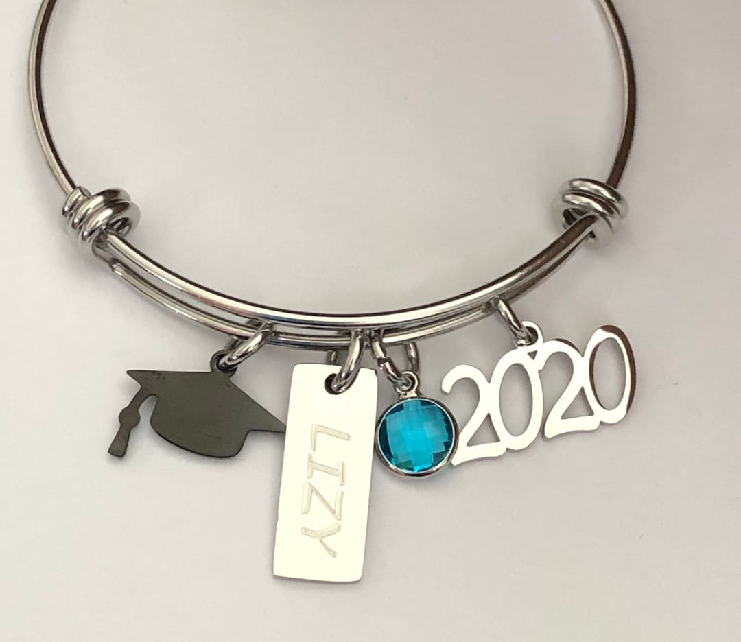 Personalized Graduation Bracelet: Stainless Steel Cap, Birthstone, Name ...