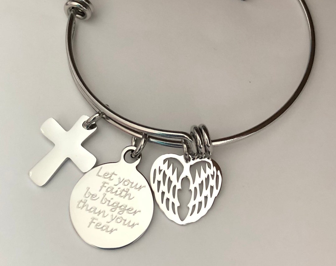 Faith Bracelet: Engraved Charm, Cross & Wing, Religious Jewelry - Etsy