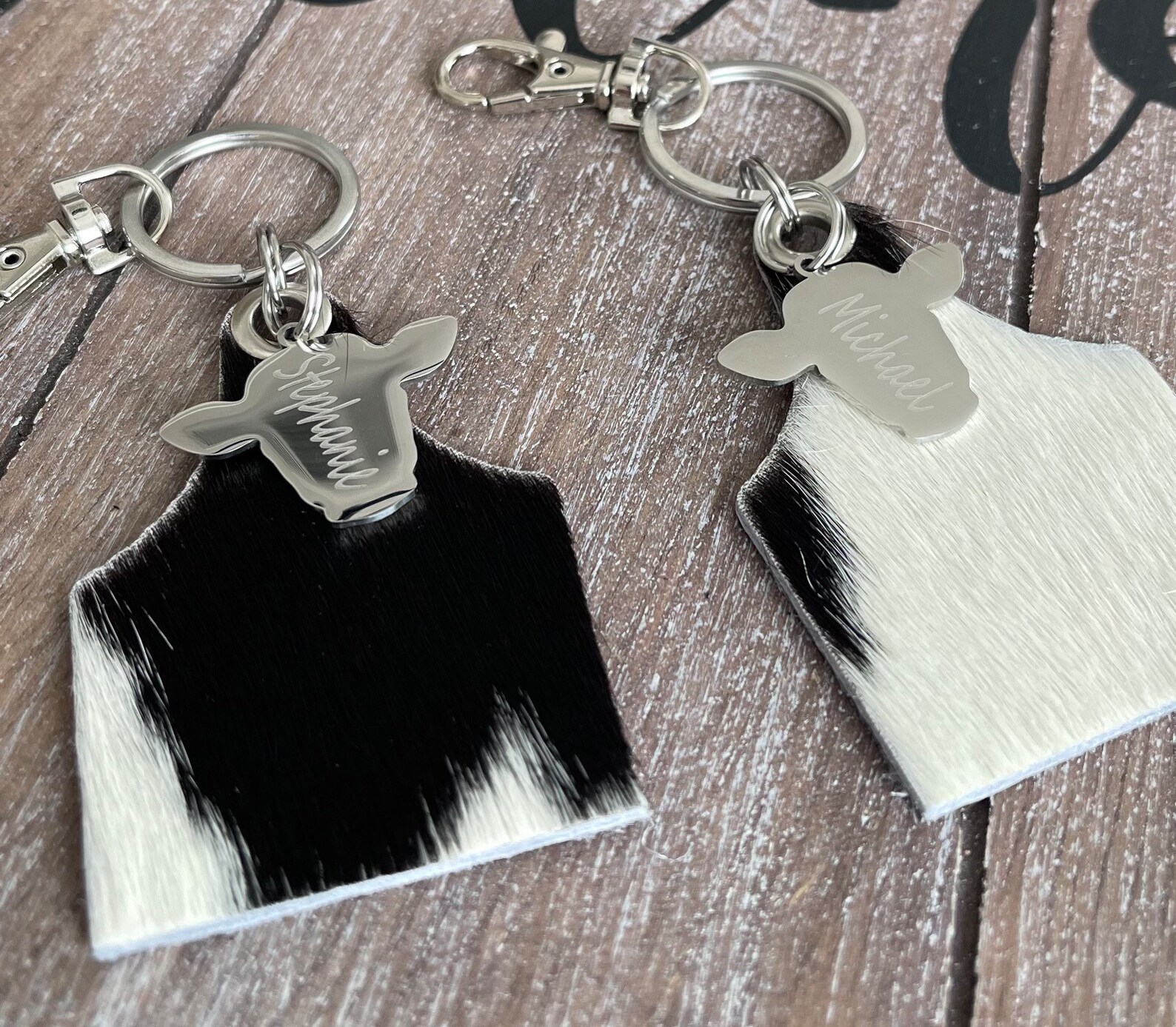 Authentic Leather Black and White Hair on Ear Tag Keychain - Etsy