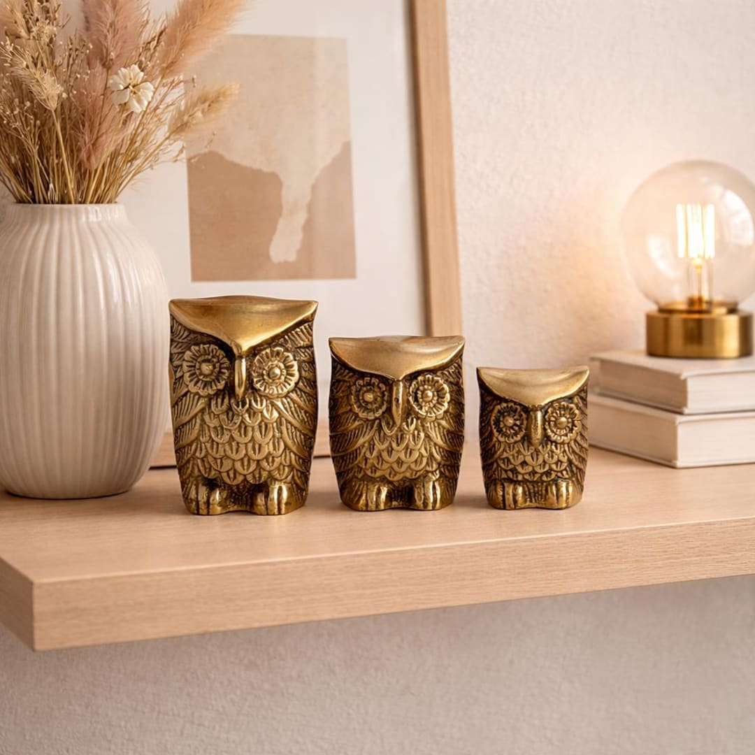 Vintage Brass Owl Figurines Set of 3 Mid Century Style Decorative Owls ...