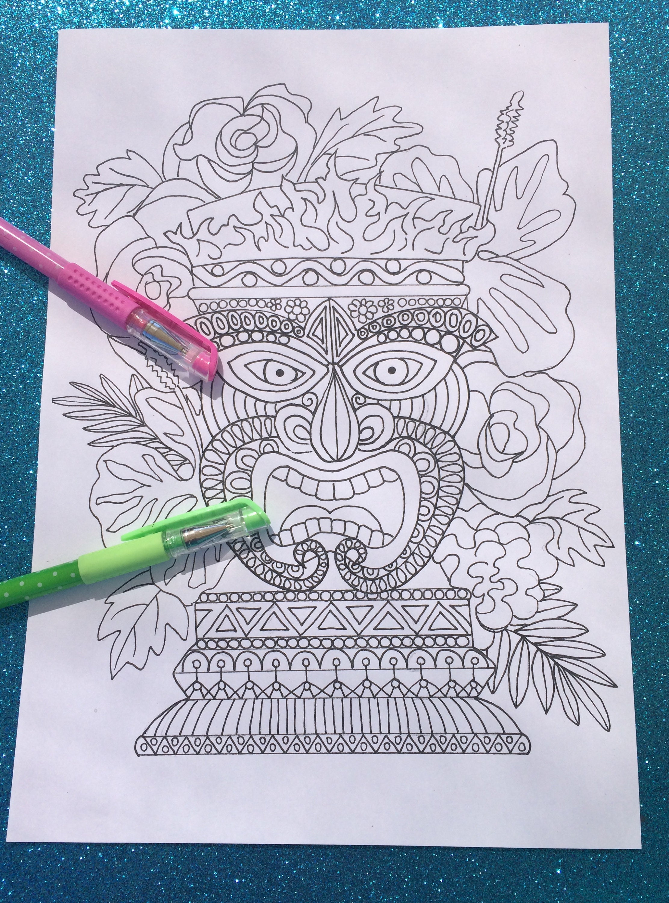 Hawaiian Tiki PDF Adult Coloring Page to Print & Color | Etsy