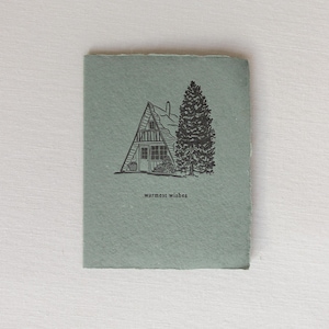 Warmest Wishes Card | Letterpress Snowy A-frame Cabin on Handmade Paper ...
