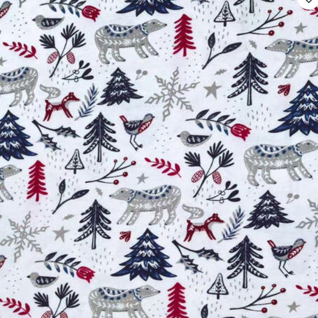 Christmas Red and White Snowflake Flannel Fabric With Bears and Trees ...