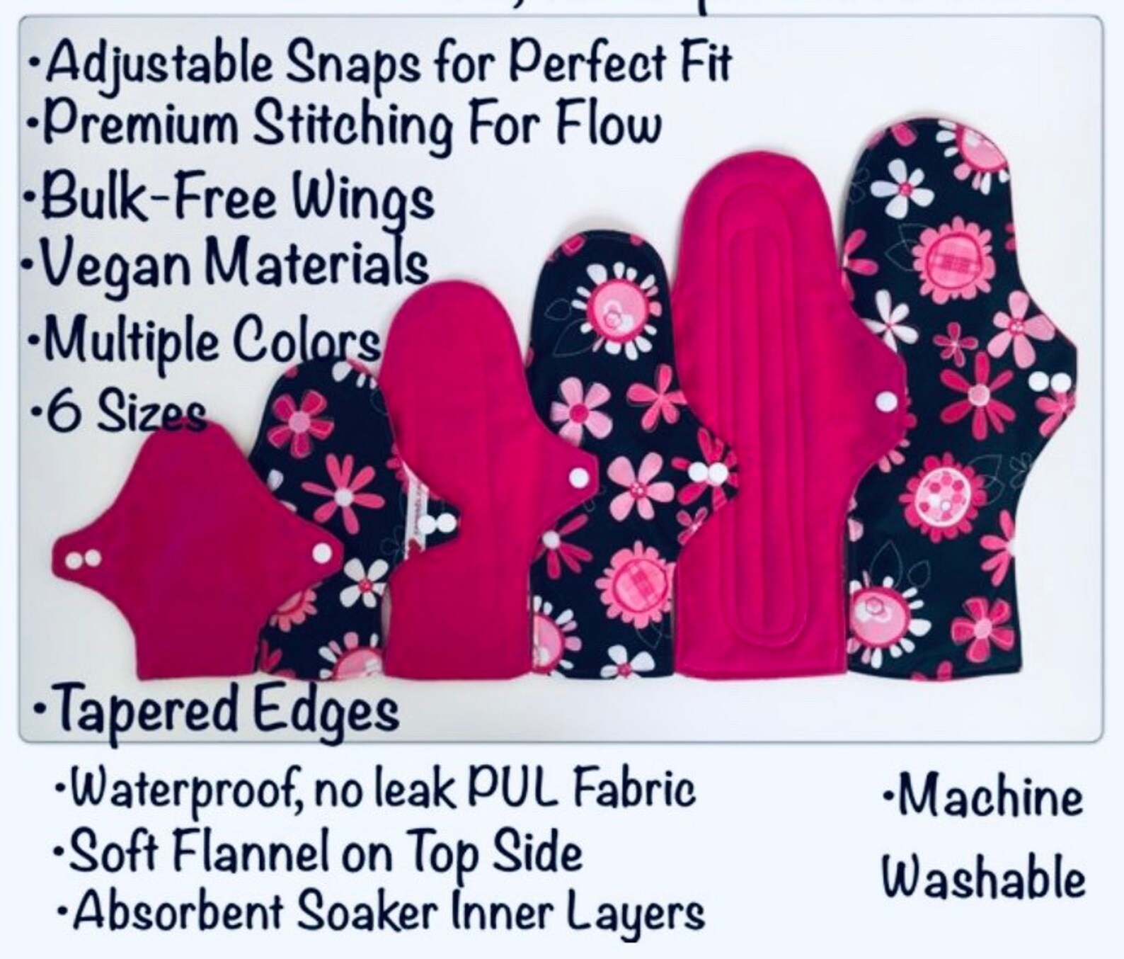 6 Cloth Menstrual Washable Pads Set; 4 Size Kits 5 Sizes With Free Rag ...