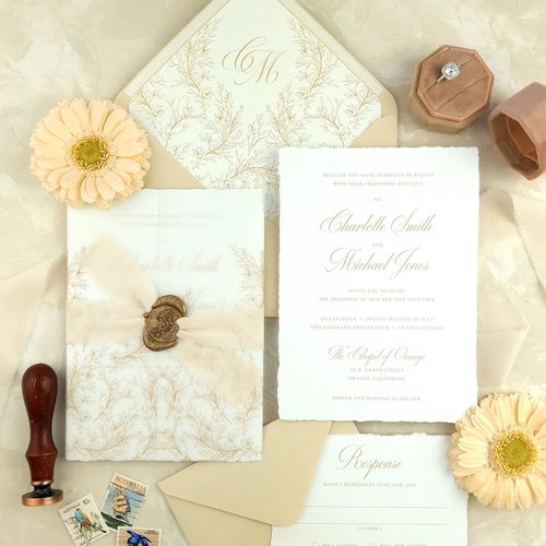 Beige Deckled Edge Wedding Invitation Suite Wax Seal Wedding - Etsy