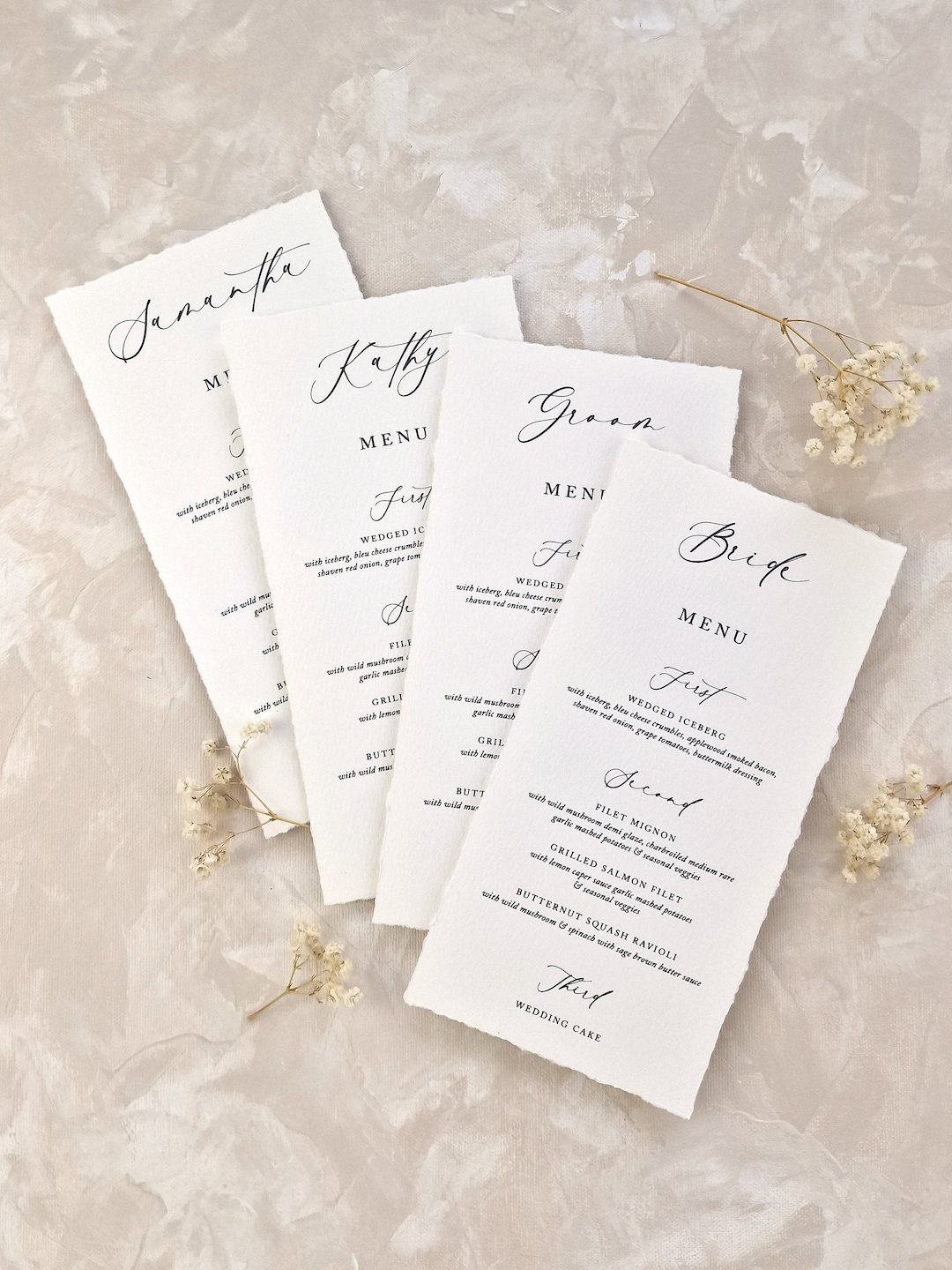 Deckled Edge Wedding Menu Cards, Printed Dinner Menu Cards, Hand Torn ...