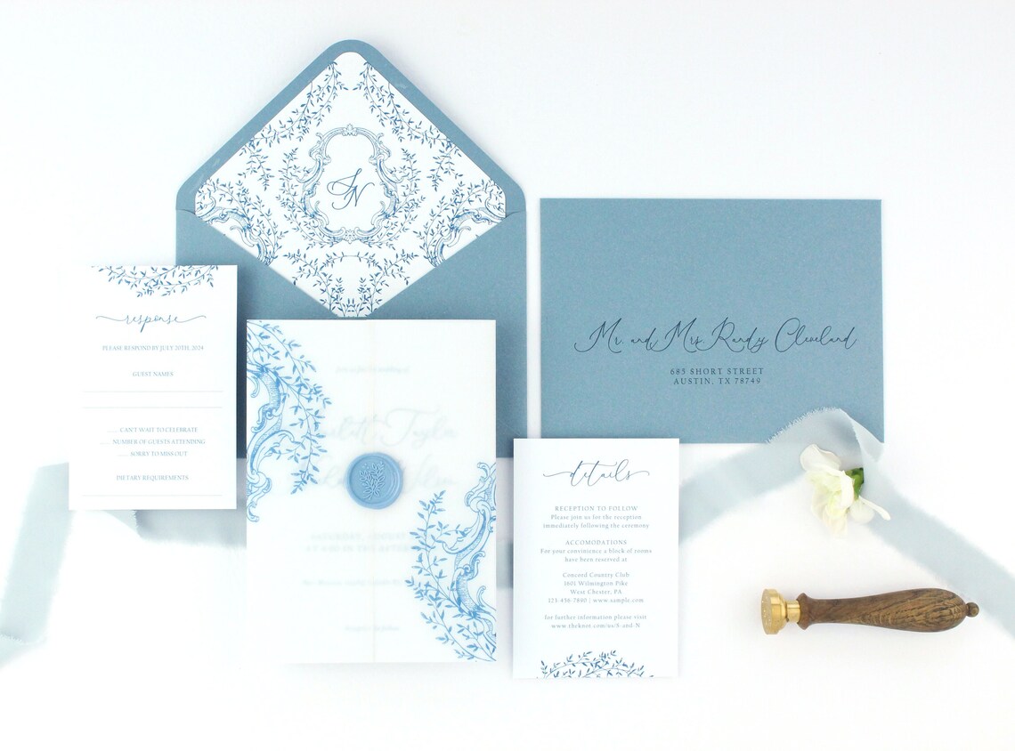 Dusty Blue Vellum Wedding Invitation Suite Steel Blue Wax - Etsy