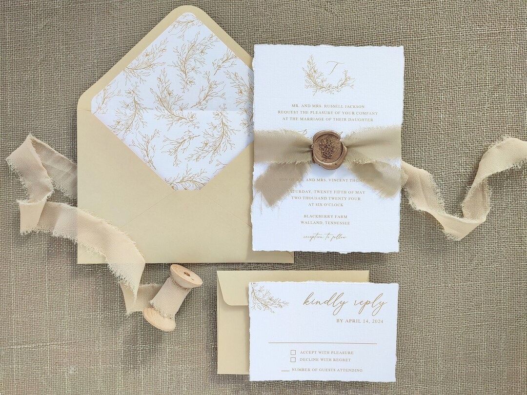 Beige Deckled Edge Wedding Invitation Suite Wax Seal Wedding - Etsy