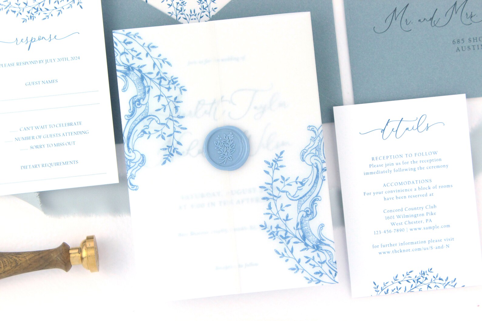 Dusty Blue Vellum Wedding Invitation Suite Steel Blue Wax - Etsy