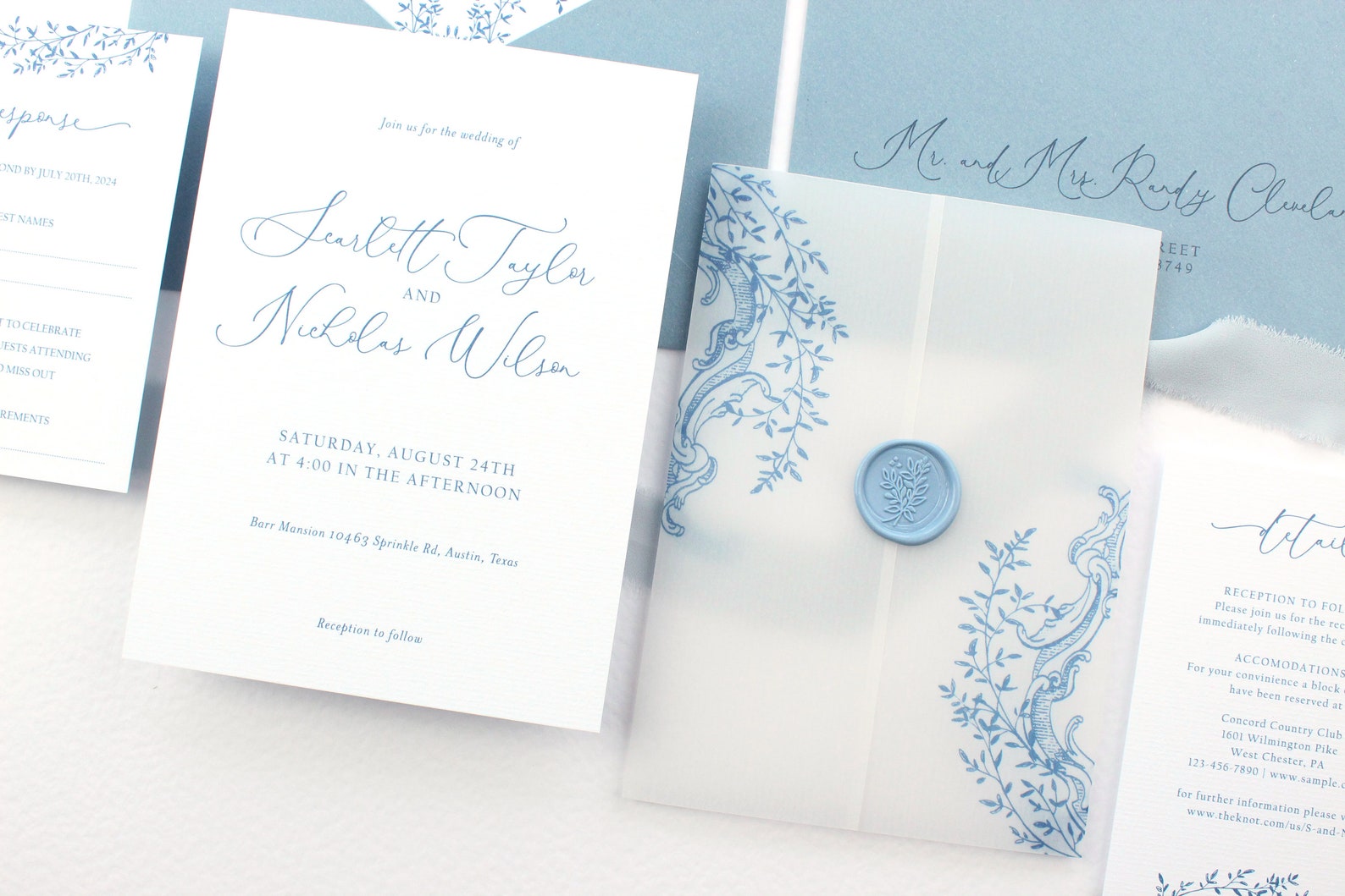 Dusty Blue Vellum Wedding Invitation Suite Steel Blue Wax - Etsy