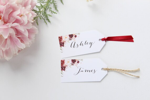 Floral Place Cards Floral Name Tags Burgundy Name Tags | Etsy