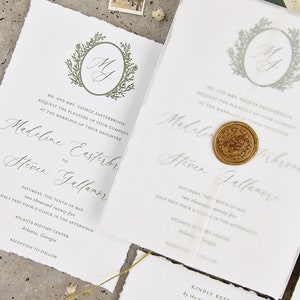 Monogram Wedding Invitation, Deckled Edge Green Crest Vellum Invitation, Vellum Sleeve Wedding ...