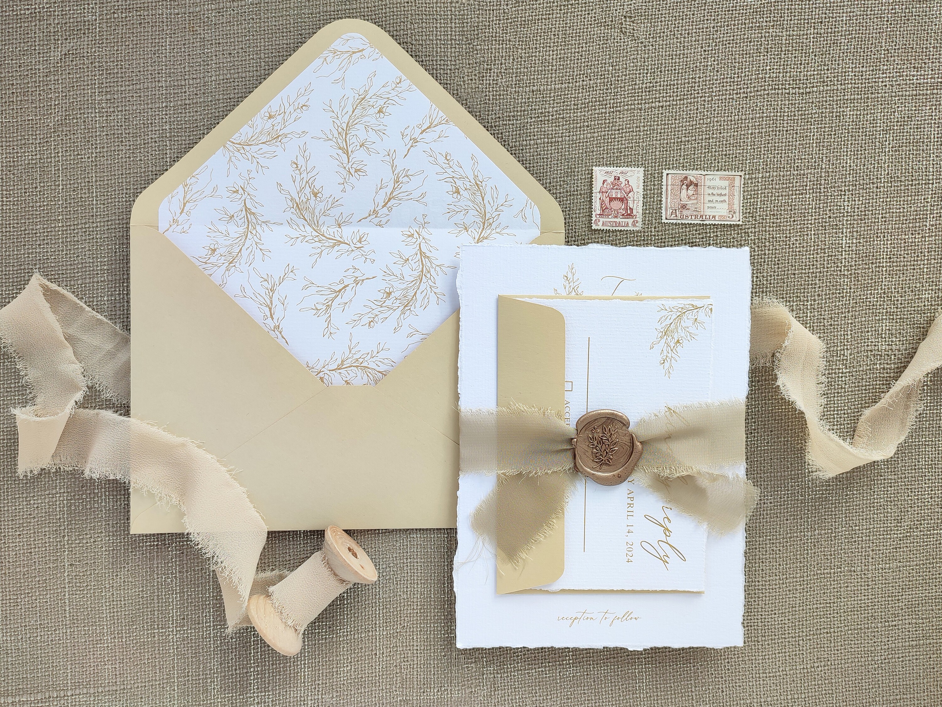 Beige Deckled Edge Wedding Invitation Suite Wax Seal Wedding - Etsy