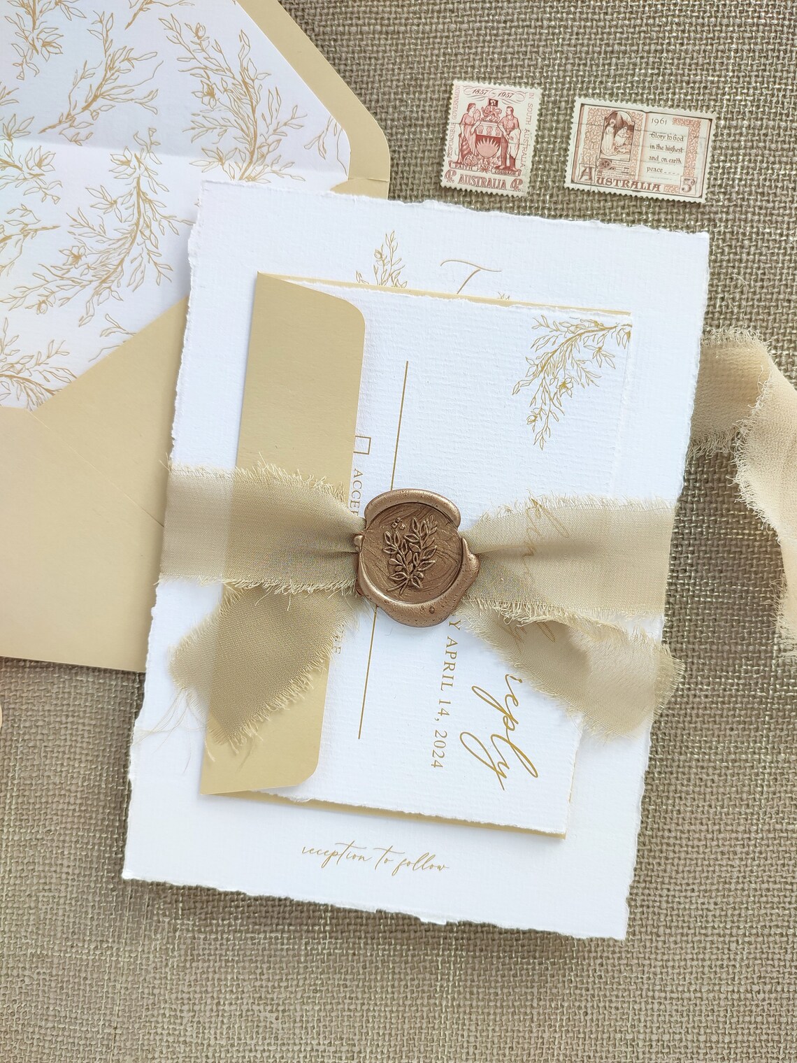 Beige Deckled Edge Wedding Invitation Suite Wax Seal Wedding - Etsy