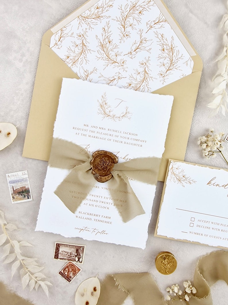 Beige Deckled Edge Wedding Invitation Suite, Wax Seal Wedding ...