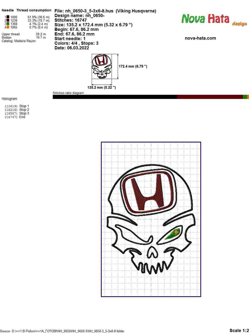 Honda "skull' Car Logo, Machine Embroidery Design. 8 Popular Embroidery ...