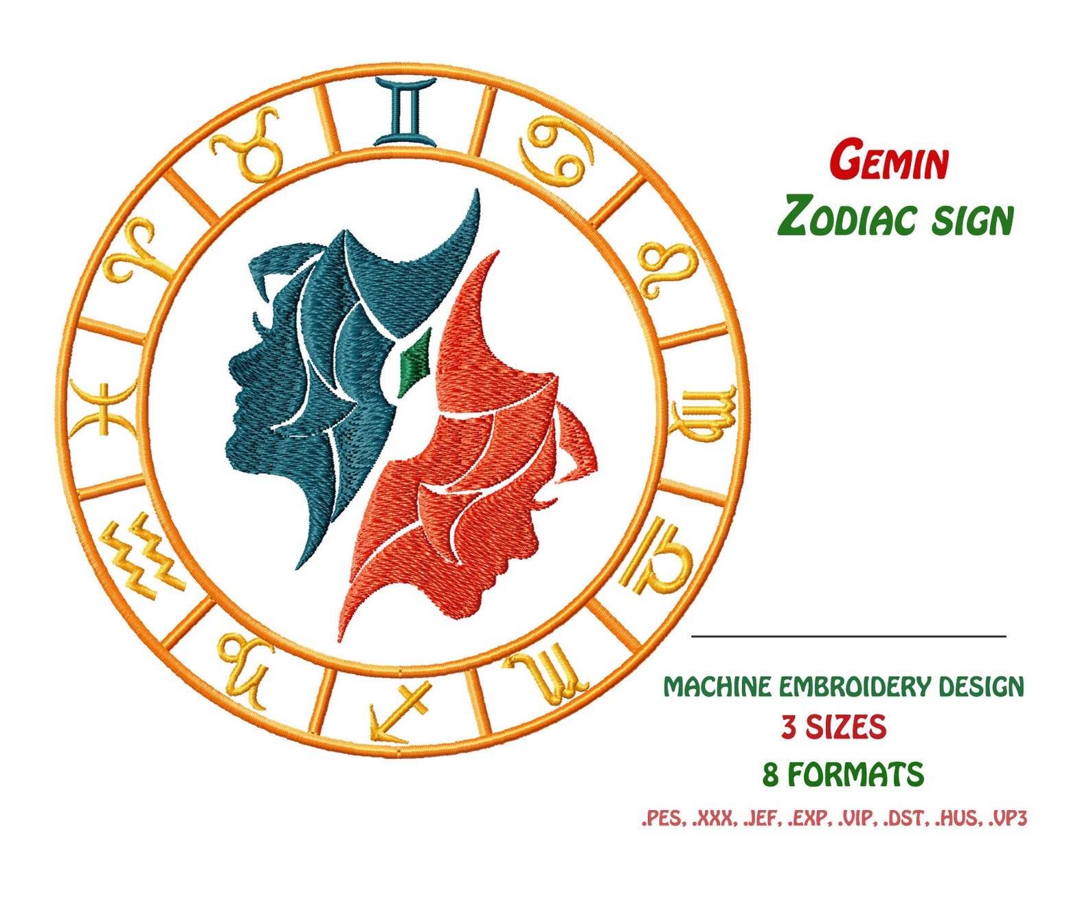 Machine Embroidery Design. Gemini Zodiac Sign 5 Colors. - Etsy