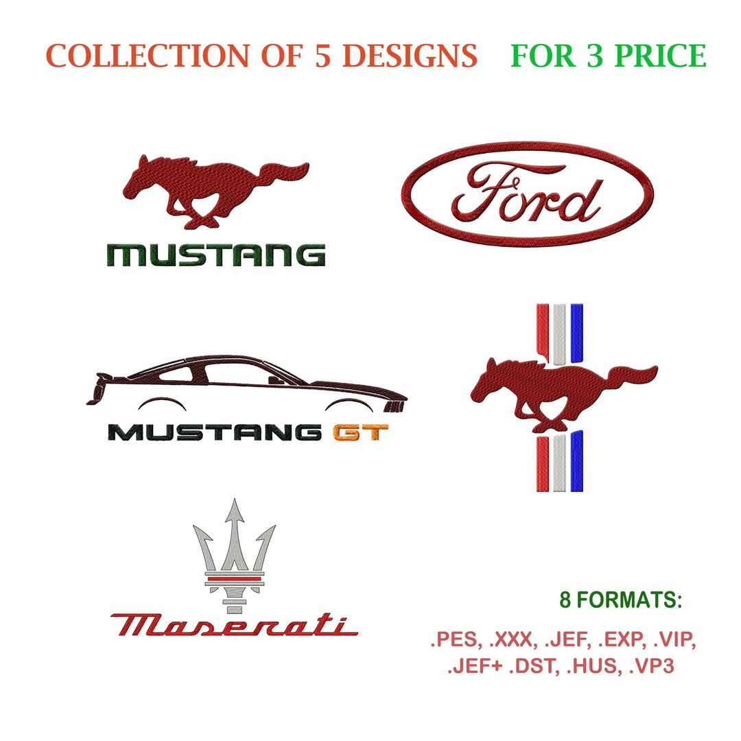 Set of 5 Car Emblem Designs for Machine Embroidery. Files: Pes, Jef ...
