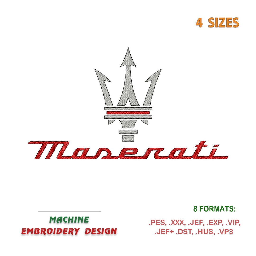 Maserati Logo, Machine Embroidery Design. 8 Popular Embroidery File Formats (pes, Xxx, Jef, Exp ...