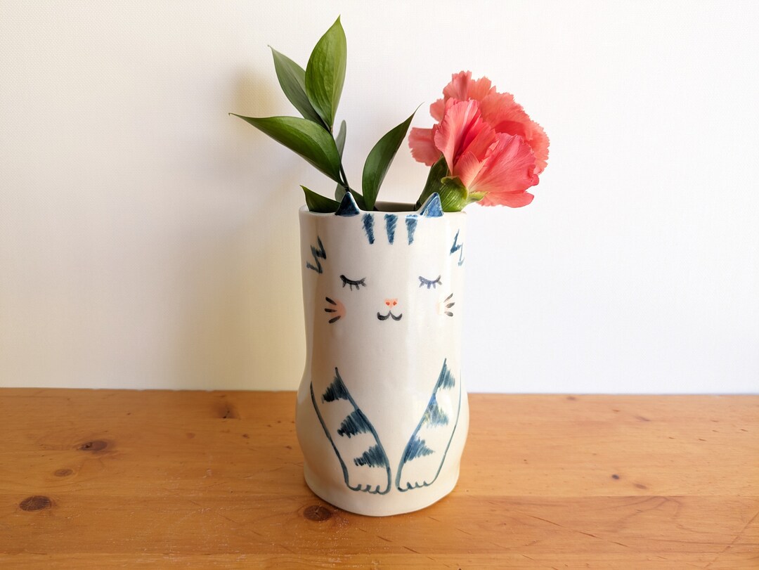 6" Tall Cat Kitty Kitten Ceramic Pottery Vase Handmade Lady Lover Gift ...